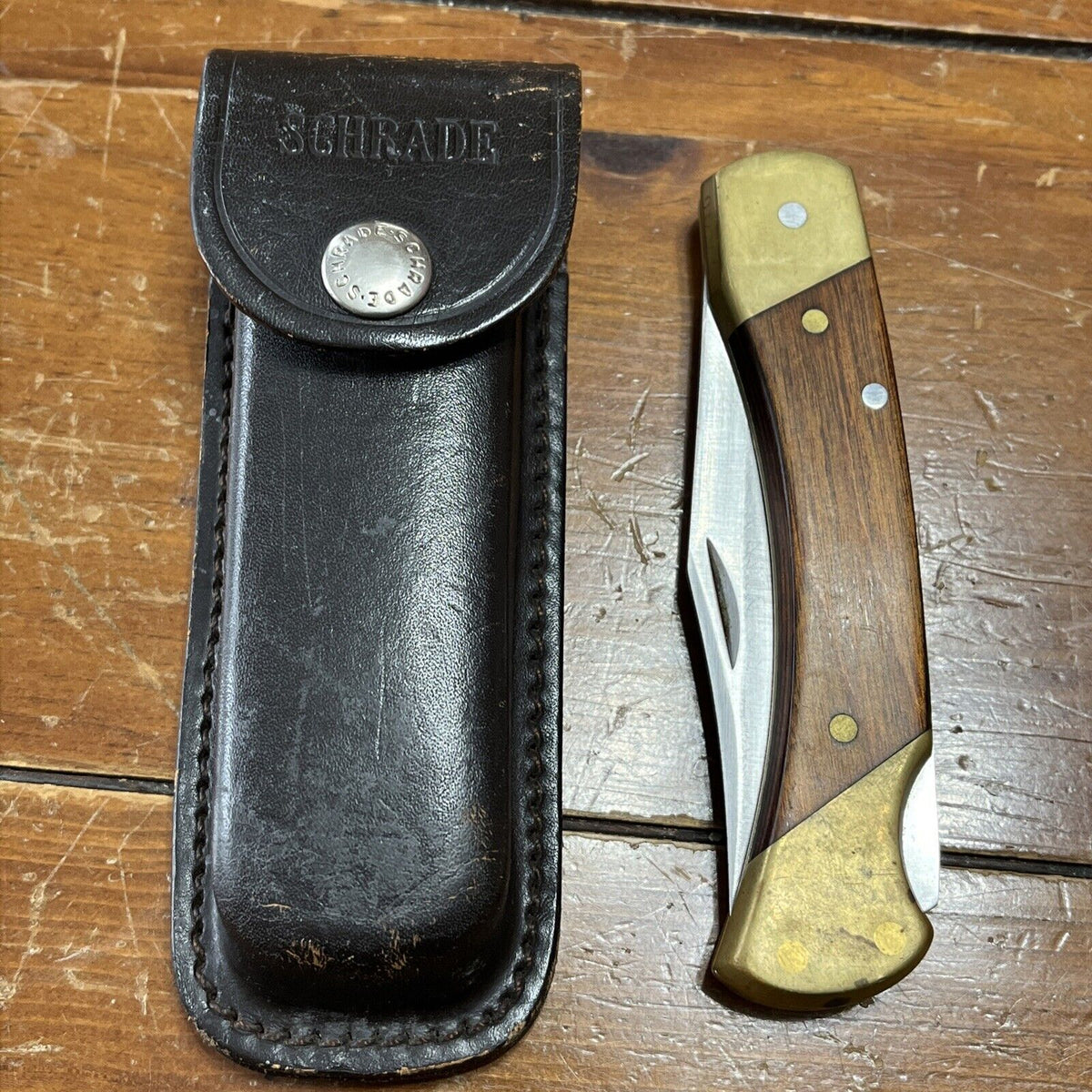Vintage Schrade+ USA LB7 Knife Large Folding Hunter Lockback with Leat ...